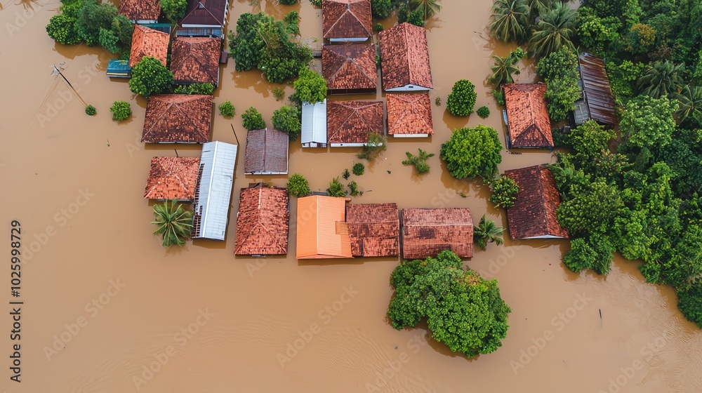 A village submerged under muddy floodwaters, with rooftops barely ...