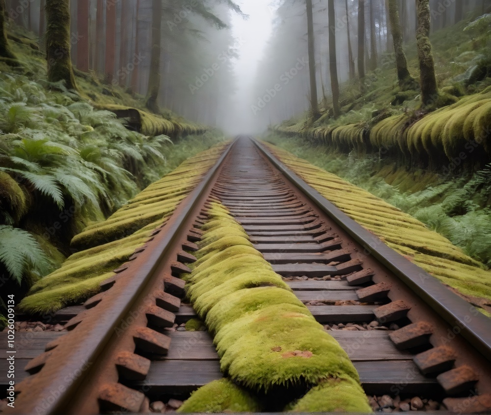 Moss-covered abandoned railway tracks disappearing into the misty forest. The rusted rails and ...