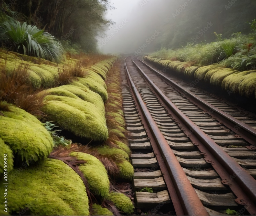 Moss-covered abandoned railway tracks disappearing into the misty forest. The rusted rails and ...