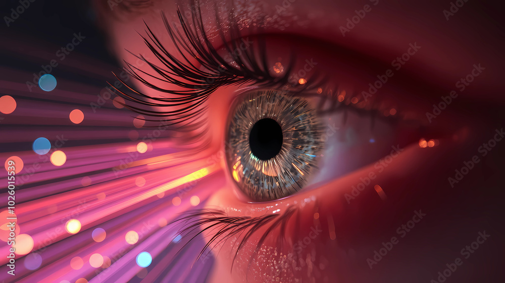 eye, closeup, fiber optic filaments, lighted, spectrum of colors ...