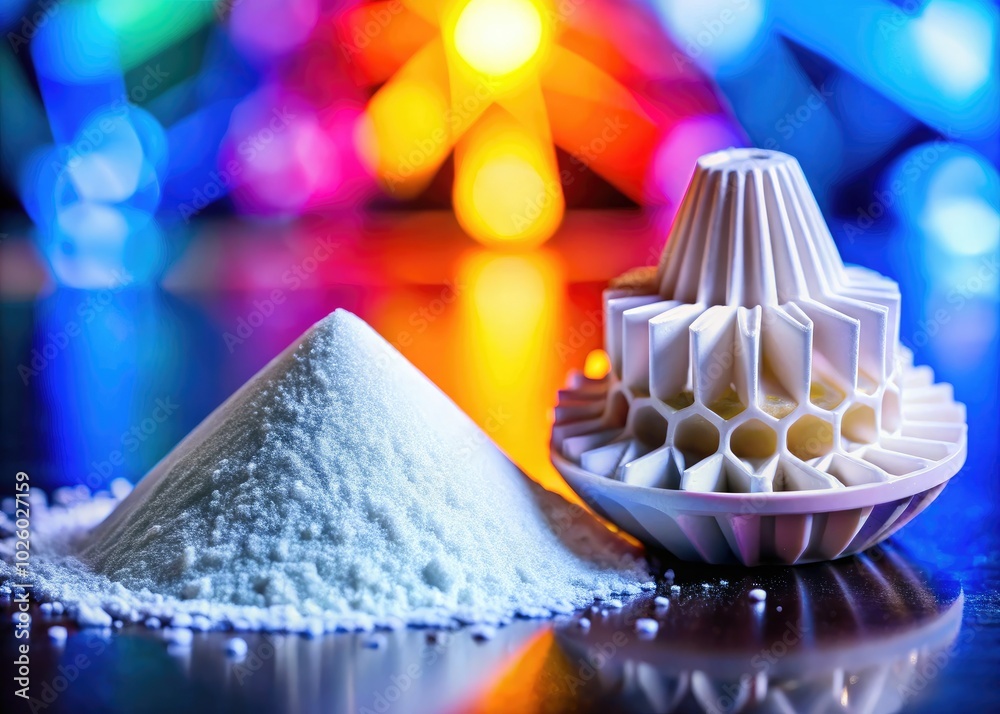 Detailed view of white polyamide powder alongside a 3D printed object ...