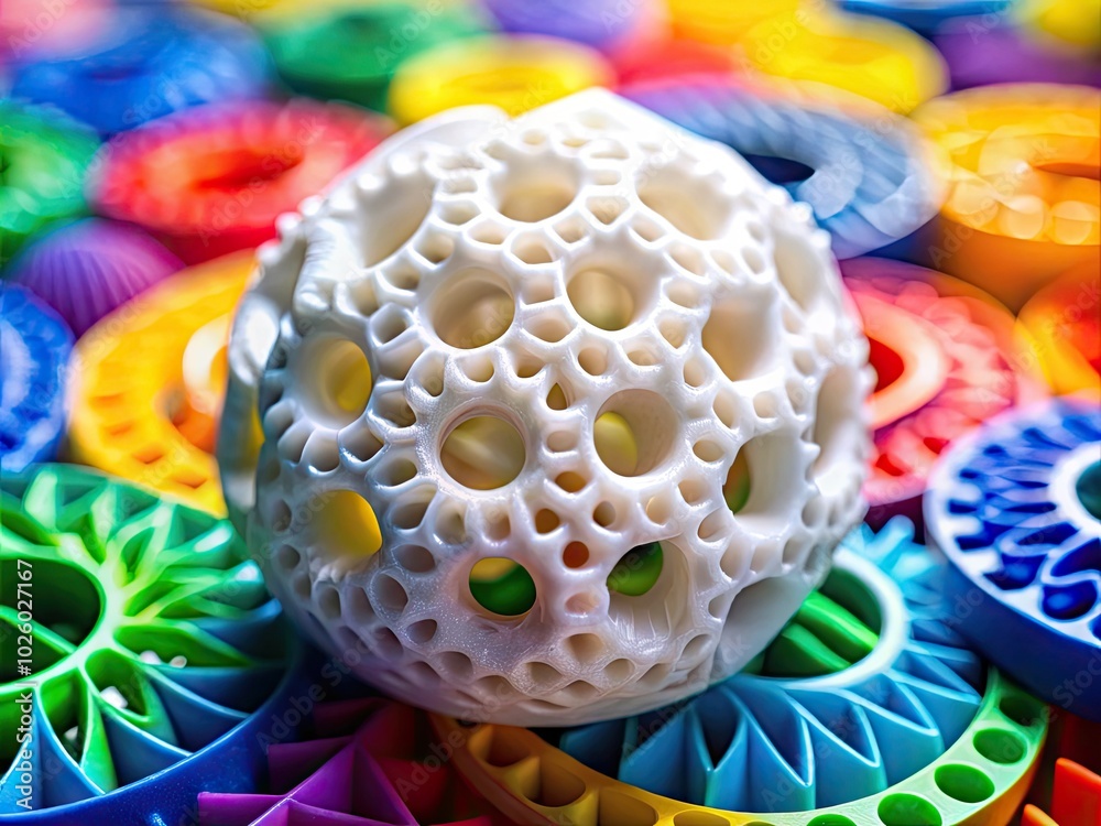 Detailed view of white polyamide powder alongside a 3D-printed object ...