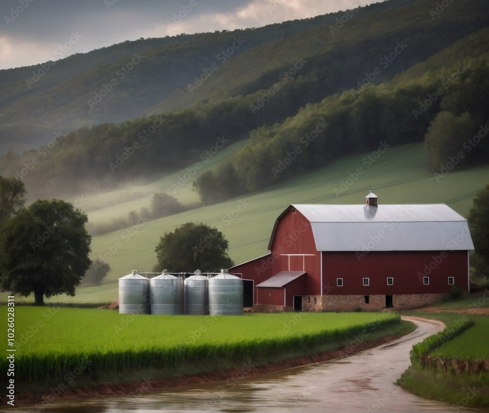 A rural farm equipped with a rainwater harvesting system, featuring ...