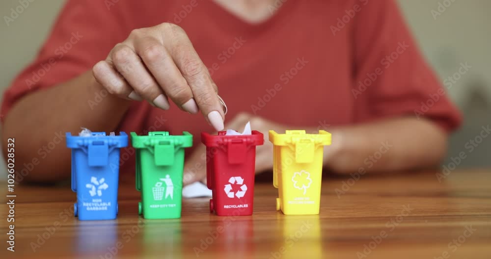 Close up view woman hand placing paper into red trash bin arranged in ...