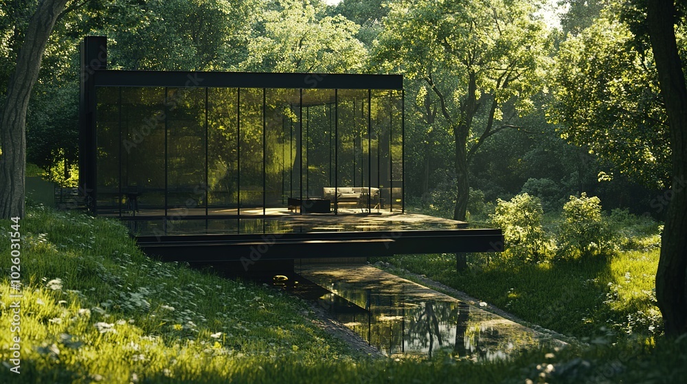 Glass house surrounded by lush greenery with a detailed map placed next ...