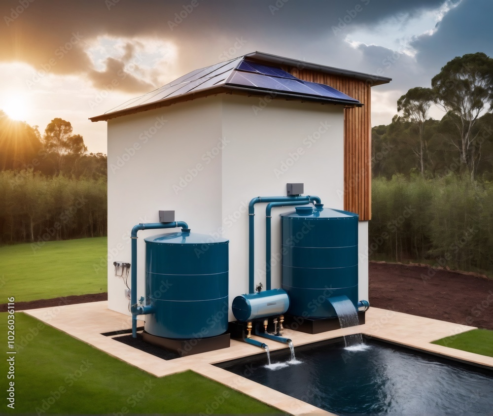 A modern home equipped with a rainwater harvesting system and solar ...