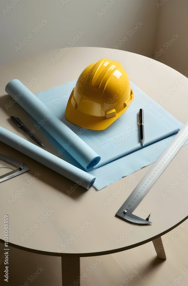 Construction workspace with a yellow hard hat, detailed floor plan ...