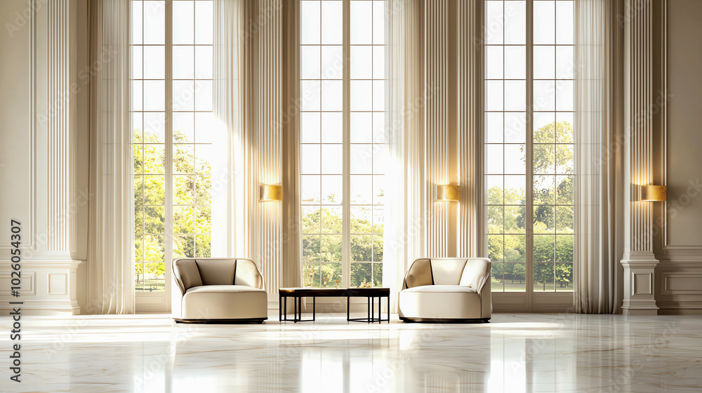 Elegant lounge with large windows and modern seating. Sunlit space with ...