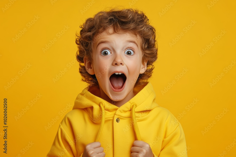 Young boy with yellow hoodie is standing in front of yellow background ...