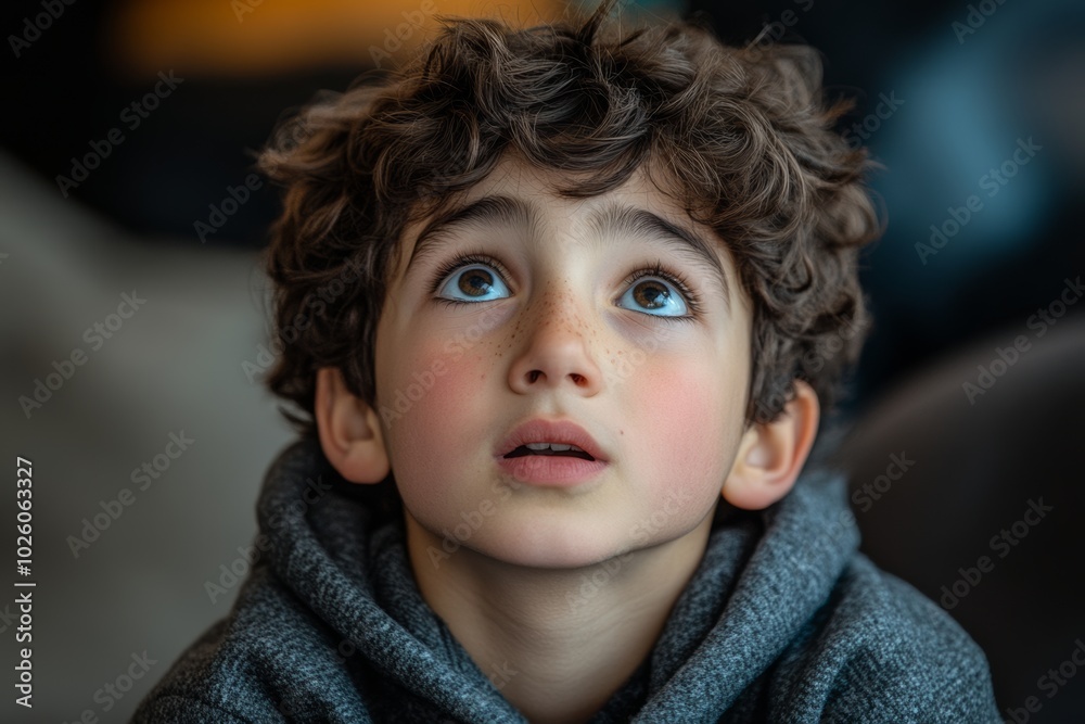 Young boy with brown hair and blue eyes is looking at the camera. He ...