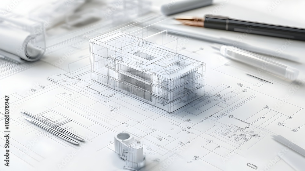 Architectural 3D wireframe blueprint design layout plan of modern ...