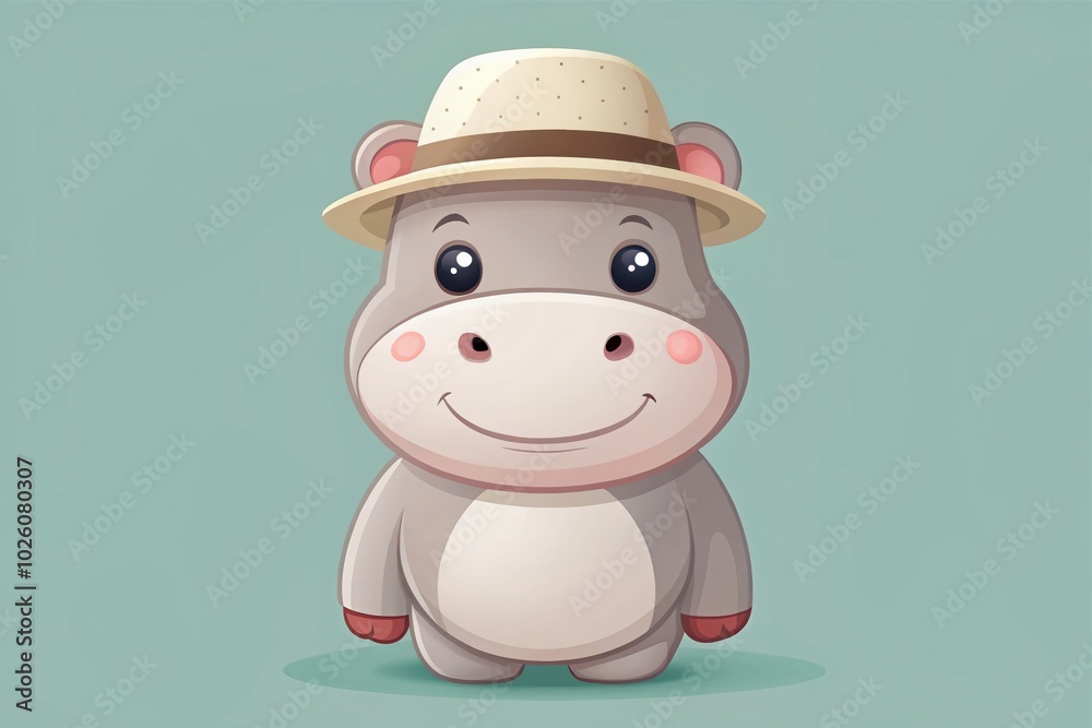 Cute Cartoon Hippo in Panama Hat - Minimalist Art for Children's Decor ...