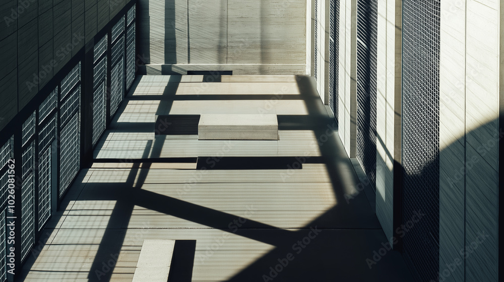 Sunlight is casting shadows from a metal railing onto the tiled floor ...