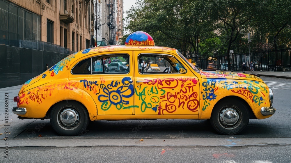 Bright yellow car adorned with colorful scribbles creating a unique and ...