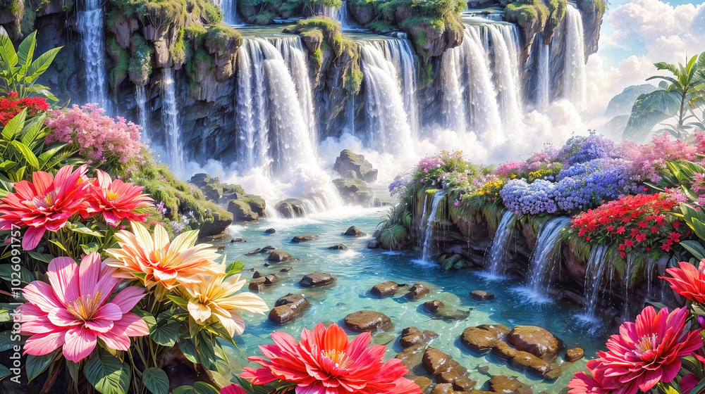 Paradise landscape with beautiful gardens, waterfalls and flowers ...