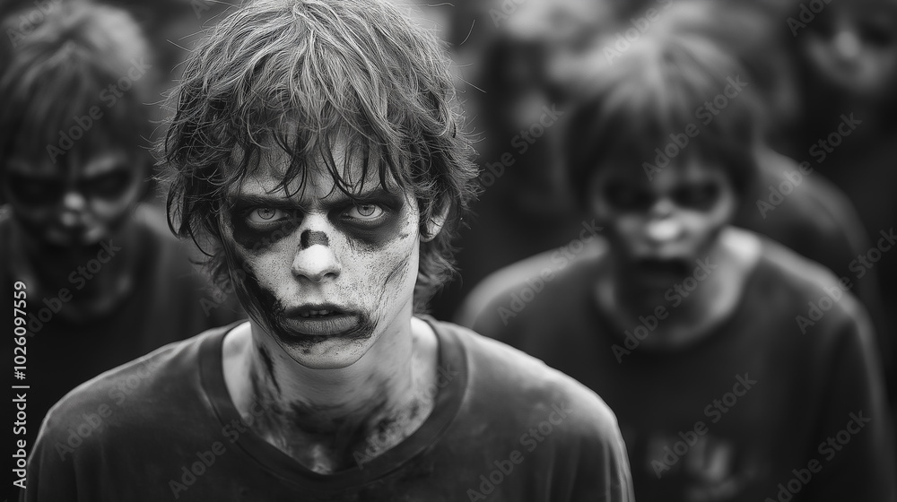 A man with a zombie face stands in front of a group of people. The ...