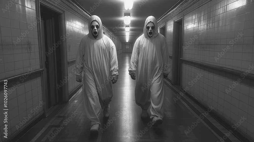 Two people in white suits walking down a hallway. Scene is eerie and ...