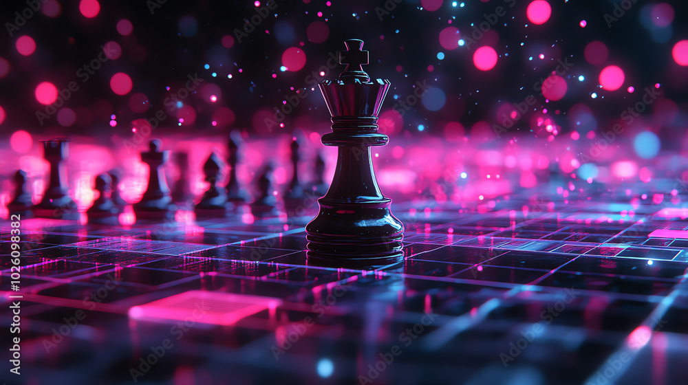 Sci-fi chess king on a glowing digital grid - ultra-modern chess piece ...