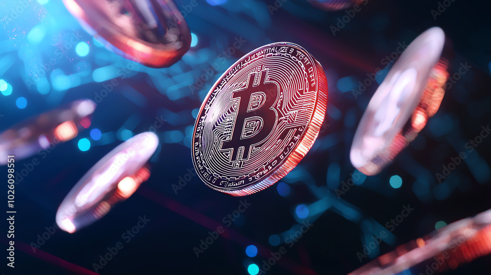 Dynamic bitcoin coins flying in a digital world, cyberpunk-inspired ...