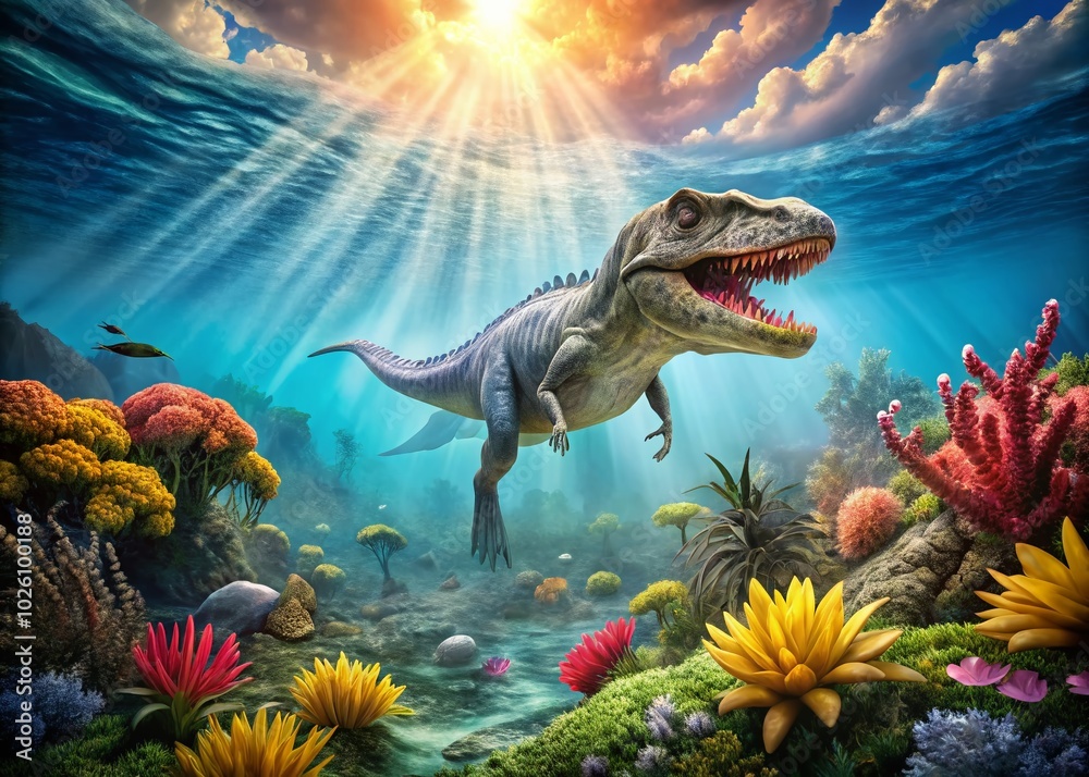 Giant Dinosaur Fish in a Prehistoric Underwater Scene with High Dynamic ...