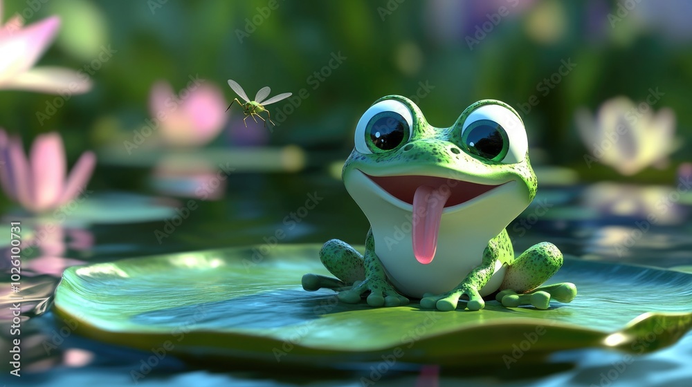 A 3D animated cartoon frog sitting on a lily pad, its big eyes blinking ...
