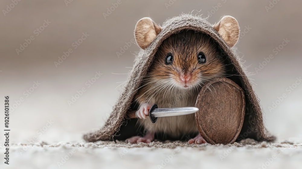 A tiny mouse dressed as a warrior with a cloth cloak, holding a toy ...