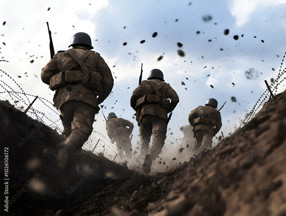 A squad of soldiers storming a heavily defended hill, moving through ...