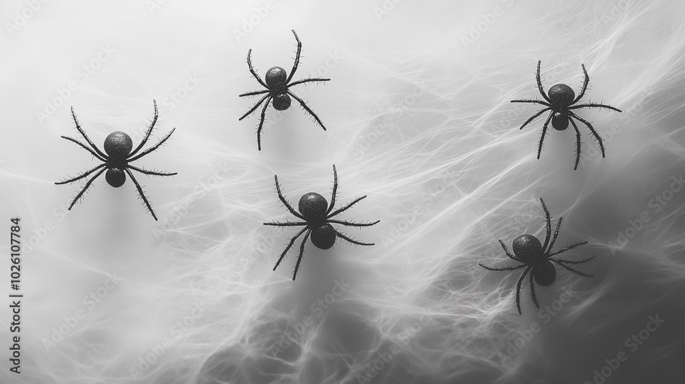 A spider web with five black spiders on it. The spiders are all facing ...