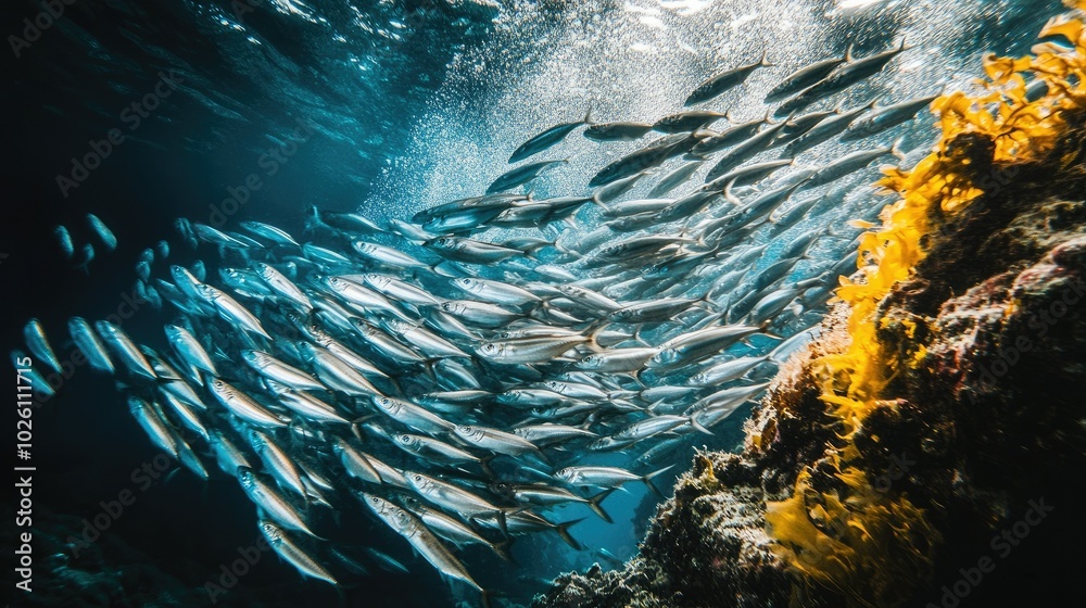 A school of sardines moving in perfect unison, creating an underwater ...