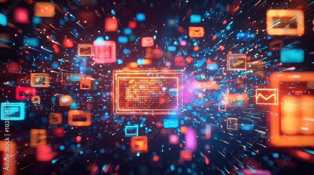 Colorful digital network interface with dynamic data flow and technology icons representing ...