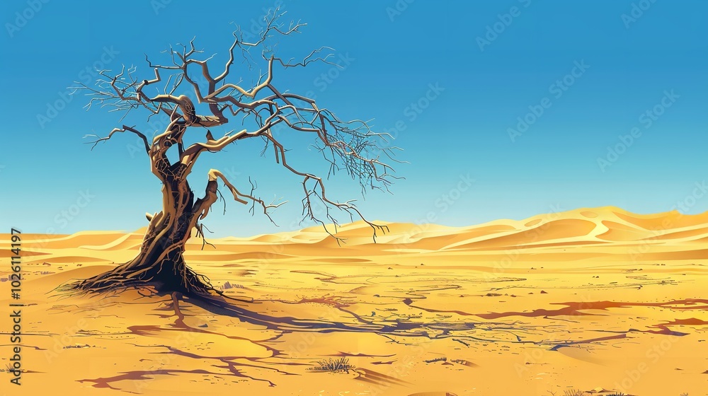 golden sands and a wide, bright blue sky frame this barren desert scene ...