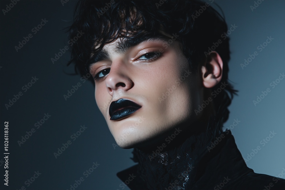 young man with gothic makeup, featuring dark kohl-lined eyes, matte ...