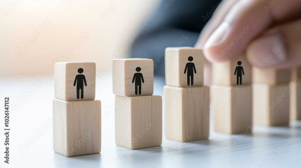 Wooden blocks with person icons arranged in a diagonal line on a bright ...