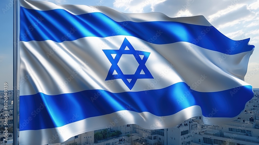 Waving flag of Israel, blue Star of David in the center with two ...