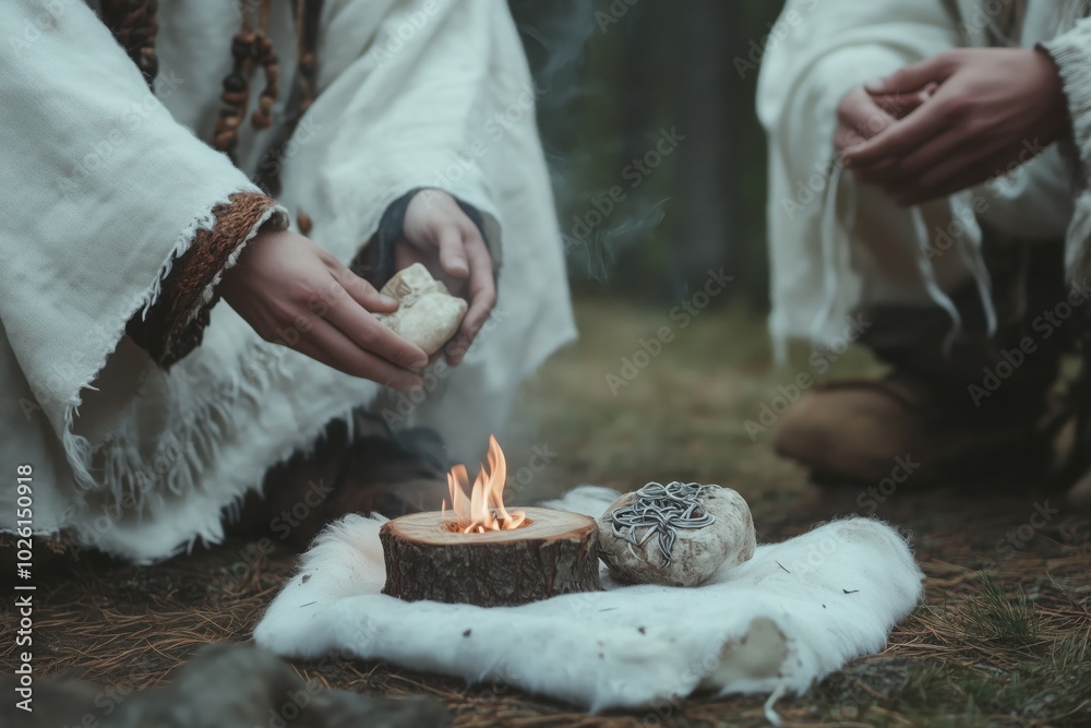 .Part of a magical Wiccan ritual. Calendrical men in white robes bent ...