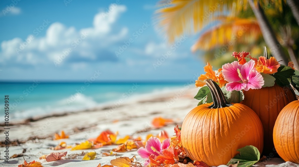 pumpkins and hibiscus flowers on the beach, with palm trees in the ...
