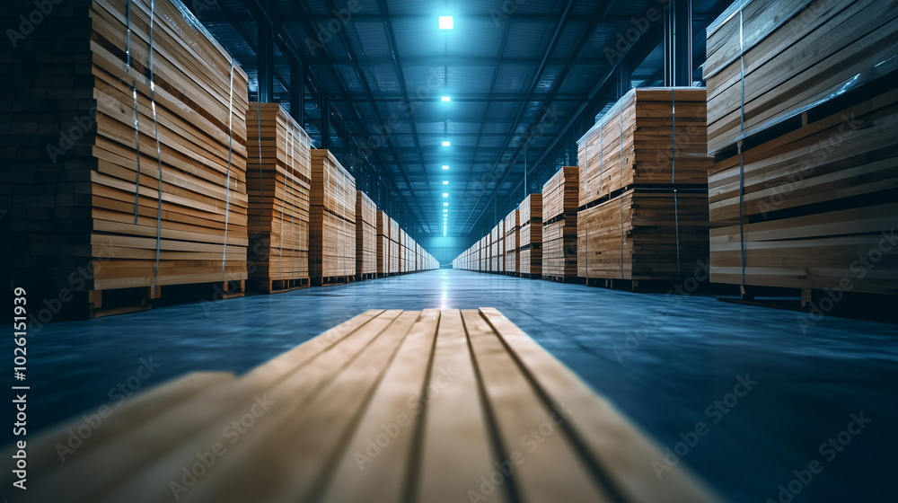 Stacks of pine wood planks extending deep into a modern warehouse ...