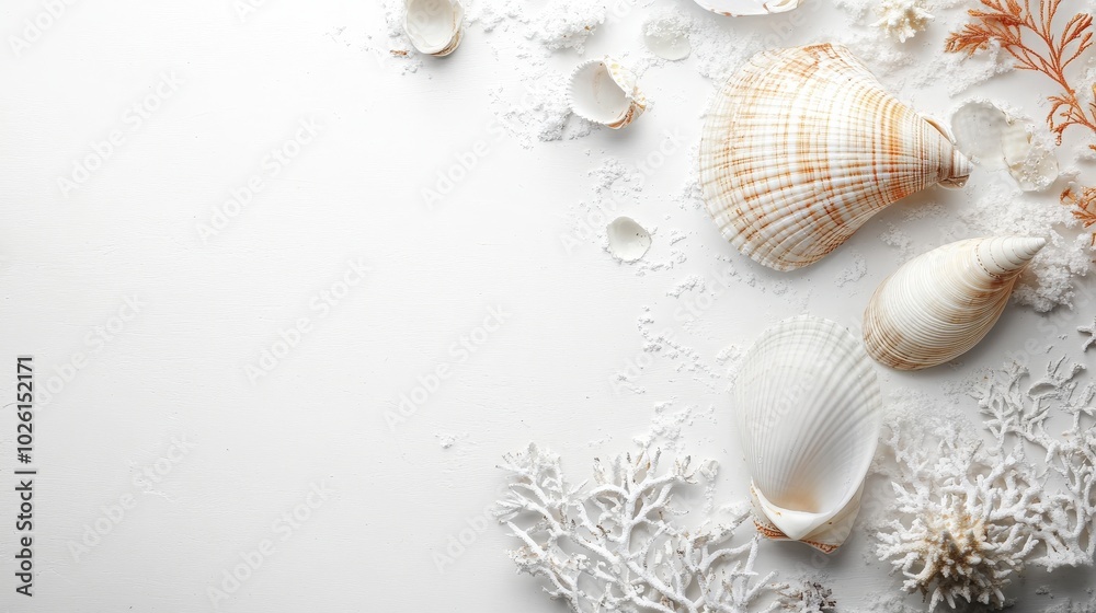 Elegant white backdrop with a focus on a sea shell and clam ...