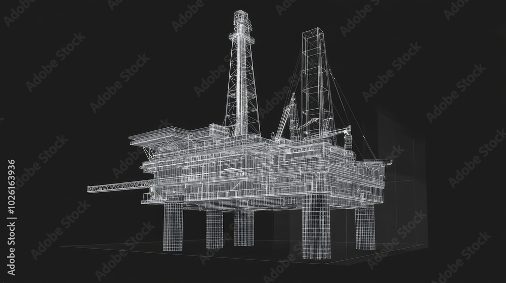 A complex 3D wireframe representation of an offshore oil rig, showing ...