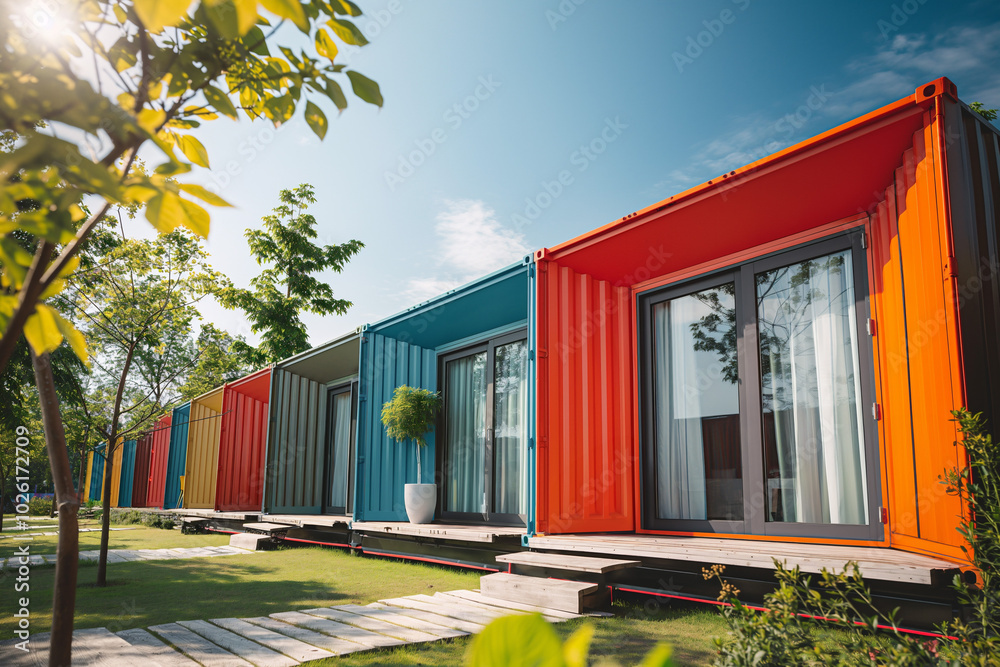 tiny homes made from repurposed shipping containers, each painted in ...