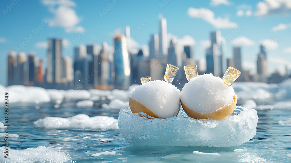 Chilled drinks on ice with city skyline in background create refreshing ...