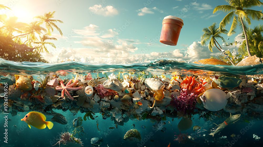 image depicts vibrant underwater scene filled with plastic waste and ...