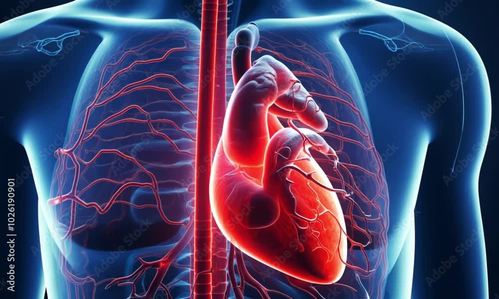 anatomical rendering of the human heart and circulatory system, showing ...