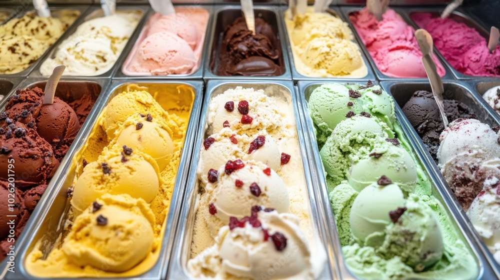 A colorful array of gelato in different flavors and toppings ...