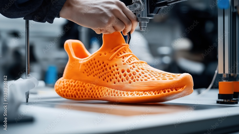 Close-up of a 3D printer creating an orange athletic shoe with a ...
