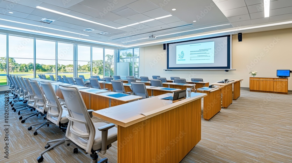 A spacious medical conference room with a presentation screen at the ...