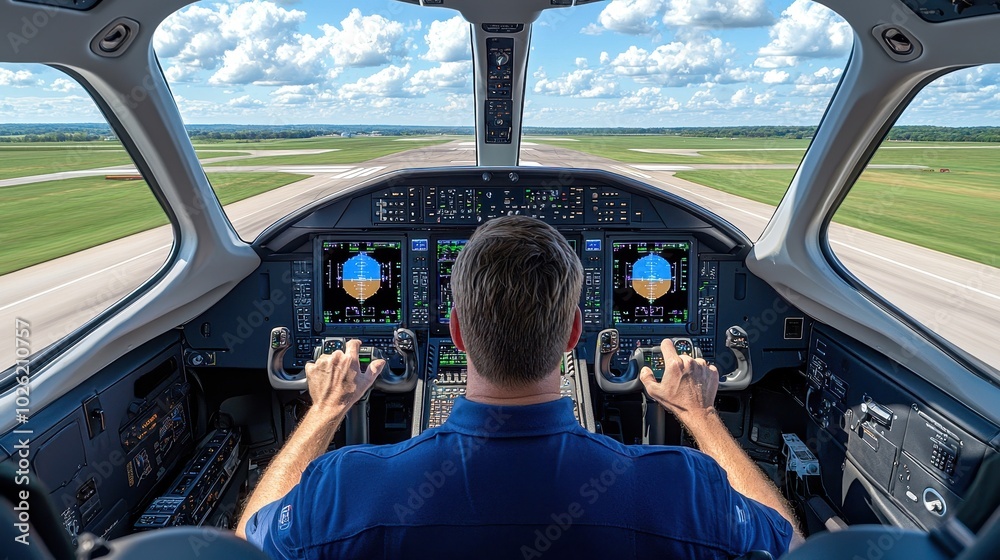 From behind, a pilot sits in the cockpit of a high-tech aircraft, hands ...