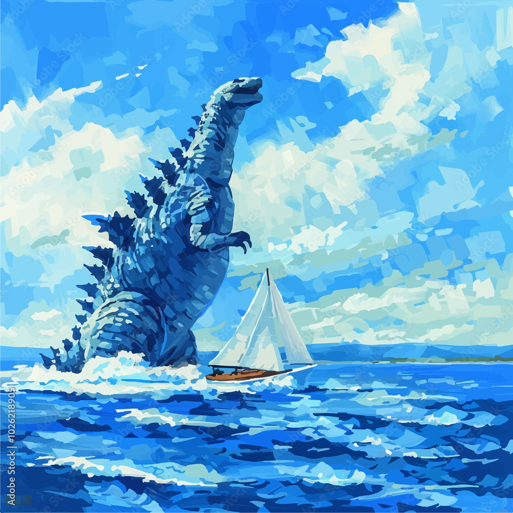 A whimsical and vibrant artwork featuring Godzilla emerging from the ...