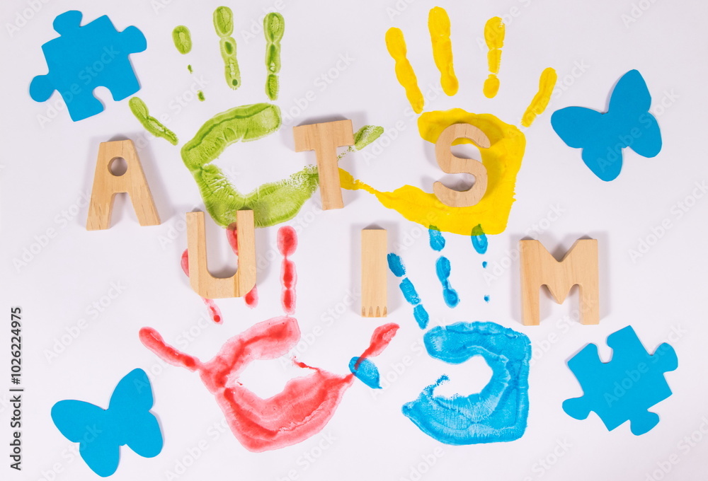 Kids handprint made of paint on white background. Autism spectrum ...