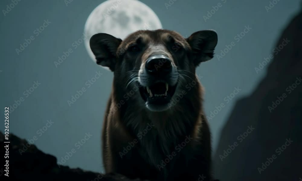 A hyena howling on the brink of a ravine. Cinematically lit with horror ...